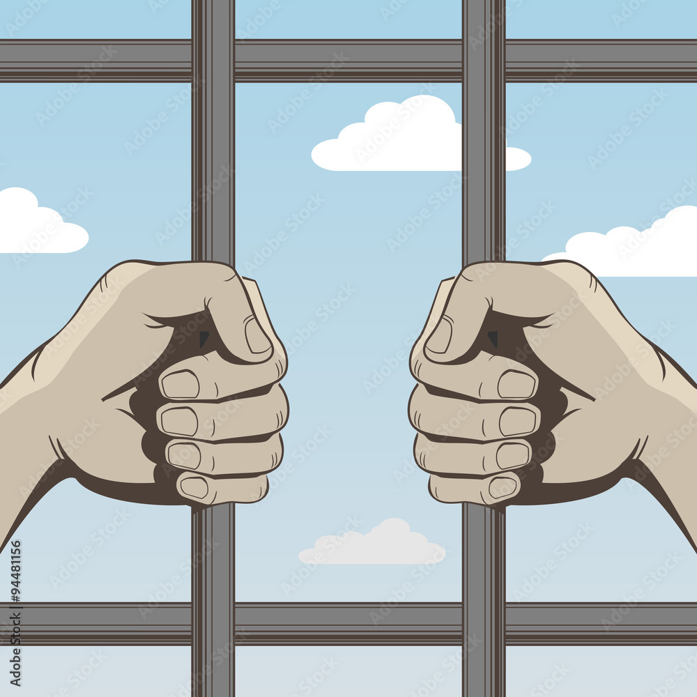 Hands person behind bars. Human hands gripping the bars in vector ...