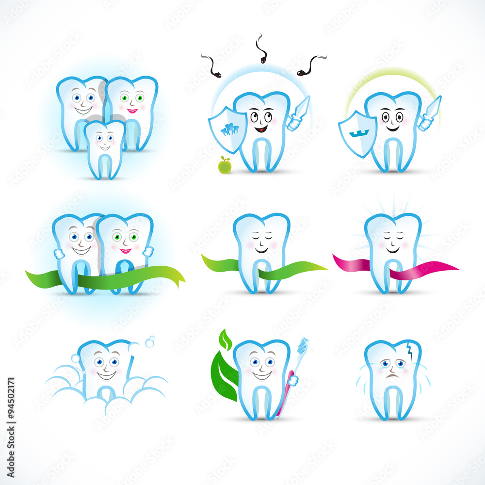 Cartoon tooth, teeth icon set, cartoon characters. Family, protecting ...