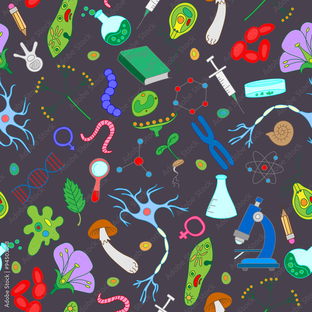 Seamless background with hand drawn icons on the theme of biology Stock ...