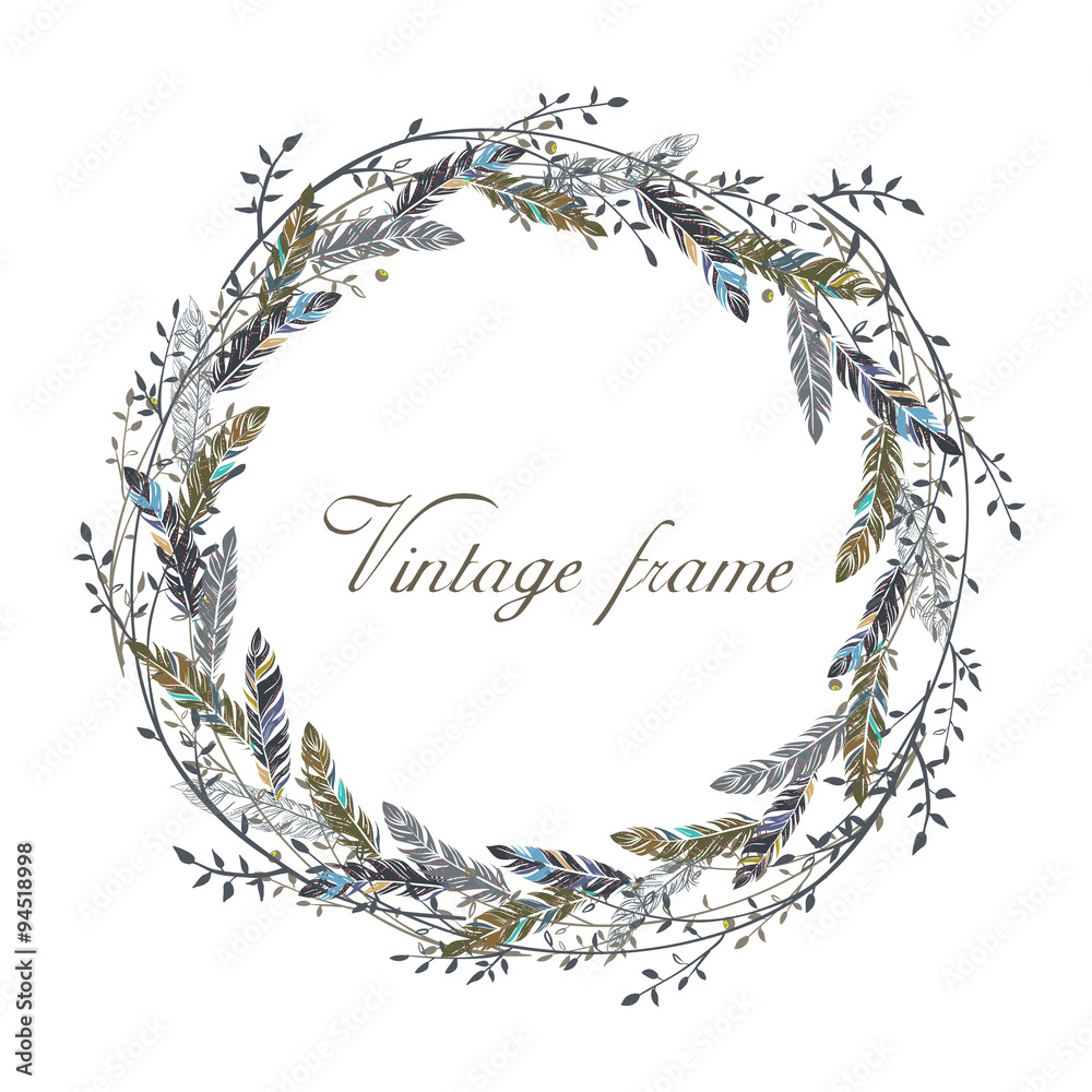 Beautiful round frame with feathers and some floral elements. Design ...