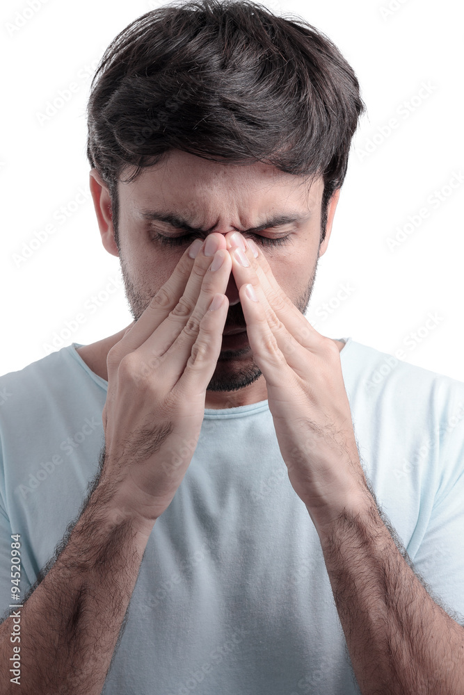 Sinus pain, sinus pressure, sinusitis. Sad man holding his nose Stock ...