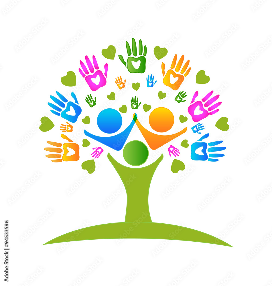 Logo tree hands and hearts figures volunteer people Stock Vector ...