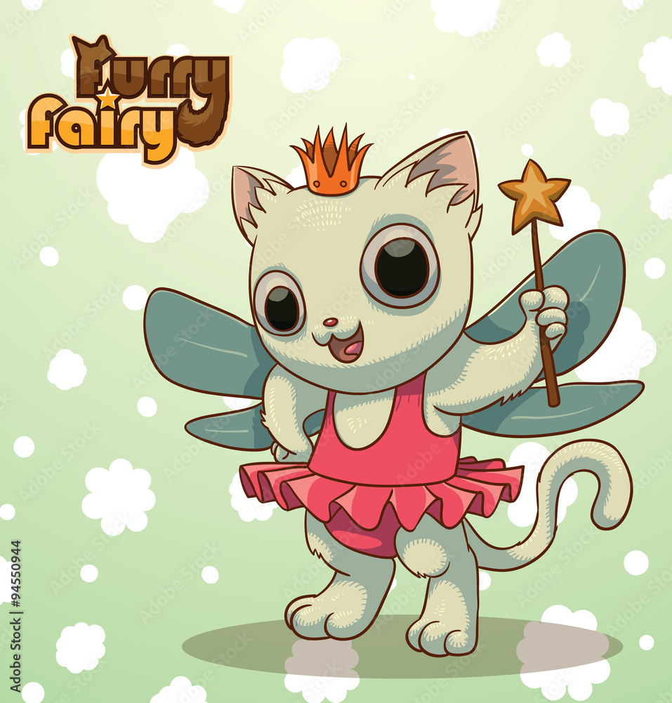 Vector Furry Fairy, Cat. Cartoon image of Furry Fairy white cat in a ...