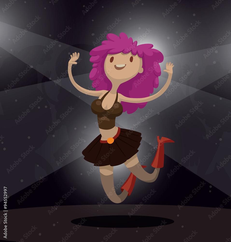 Vector girl with purple hair in a nightclub. Cartoon image of a girl ...