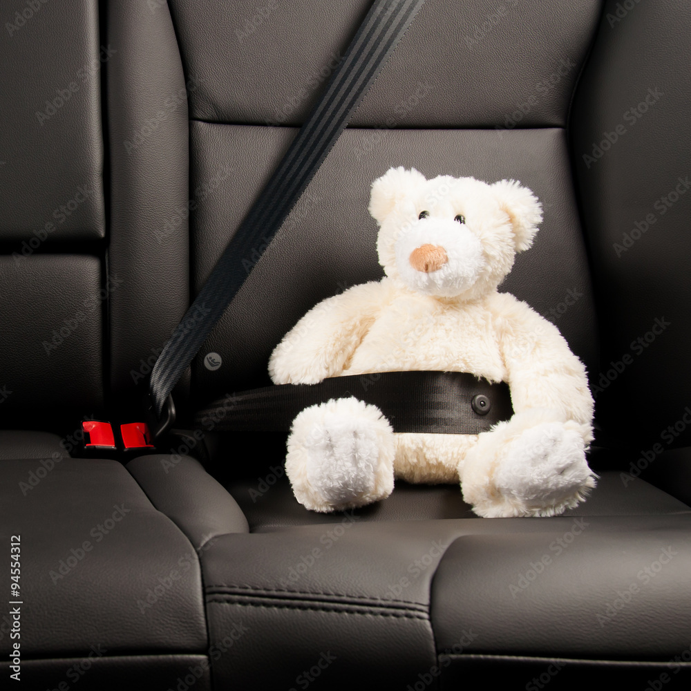 Teddy bear strapped in with seat belt in back seat of car Stock Photo ...