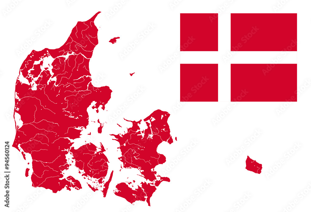 Civil and state flag of Denmark and very detailed outline map of ...