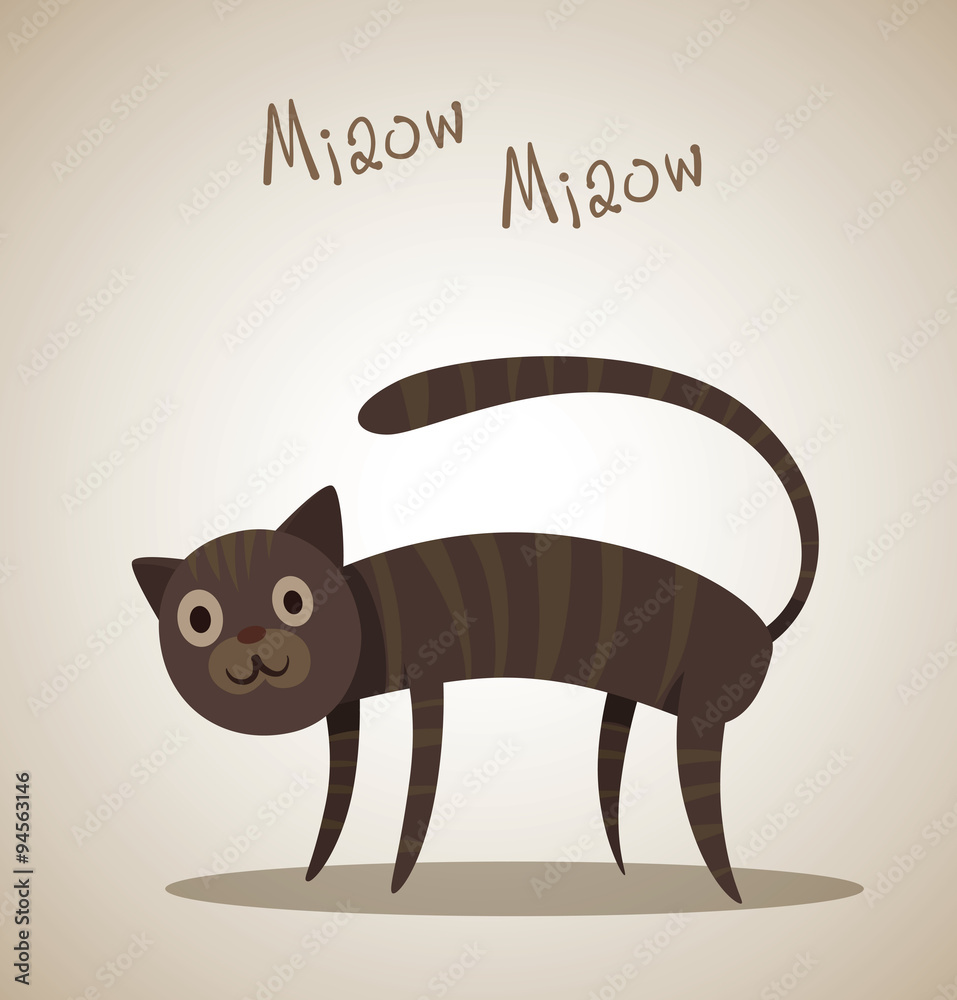 Vector сute cat. Cartoon image of a cute violet-gray tabby cat on a ...