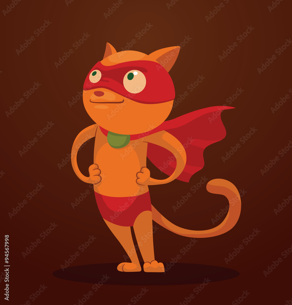 Vector superhero cat standing. Cartoon image of a red cat superhero in ...