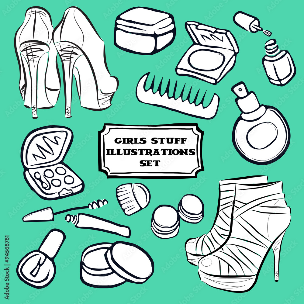 Cartoon vector doodle illustrations. Hand drawn girl stuff. Stock ...