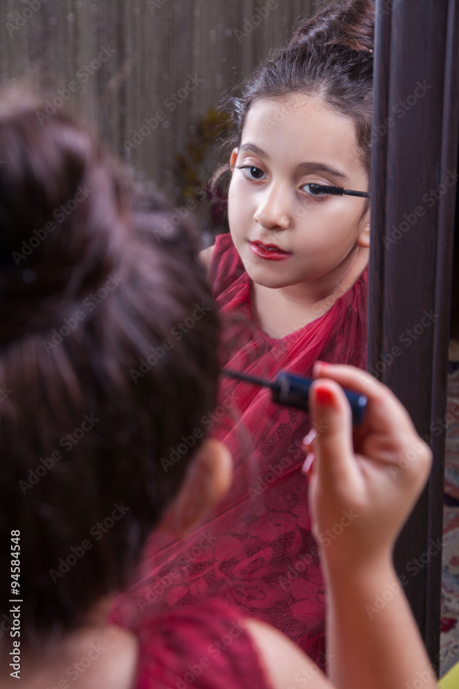 Small beautiful arab middle eastern girl with pretty red dress and lips ...