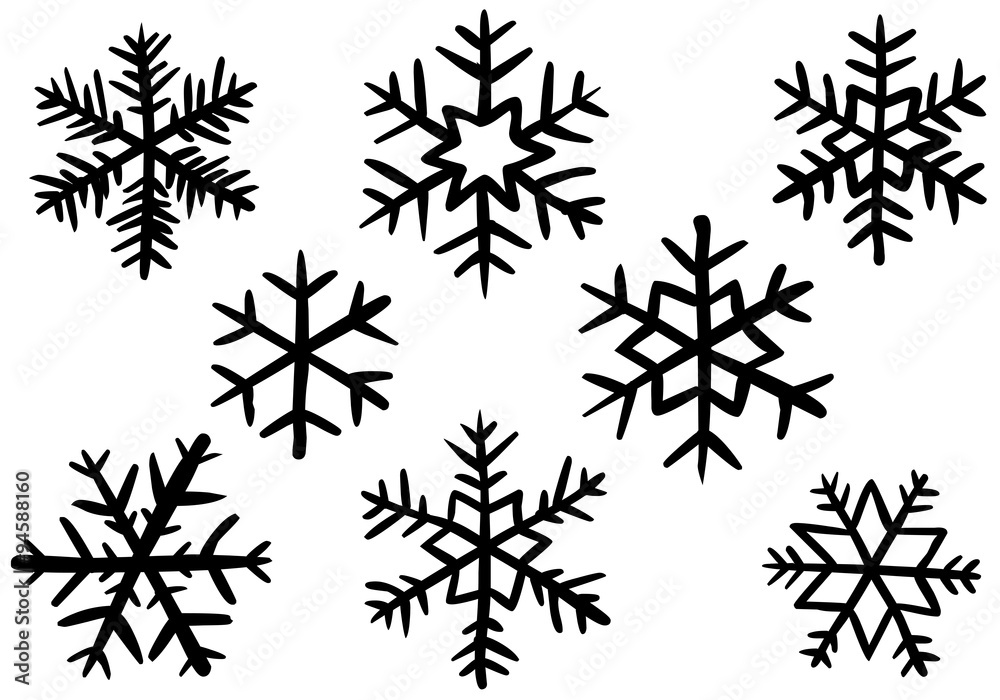 Vektor-Set: 8 Schneeflocken, schwarzweiß, handgezeichnet, Vektor Stock ...