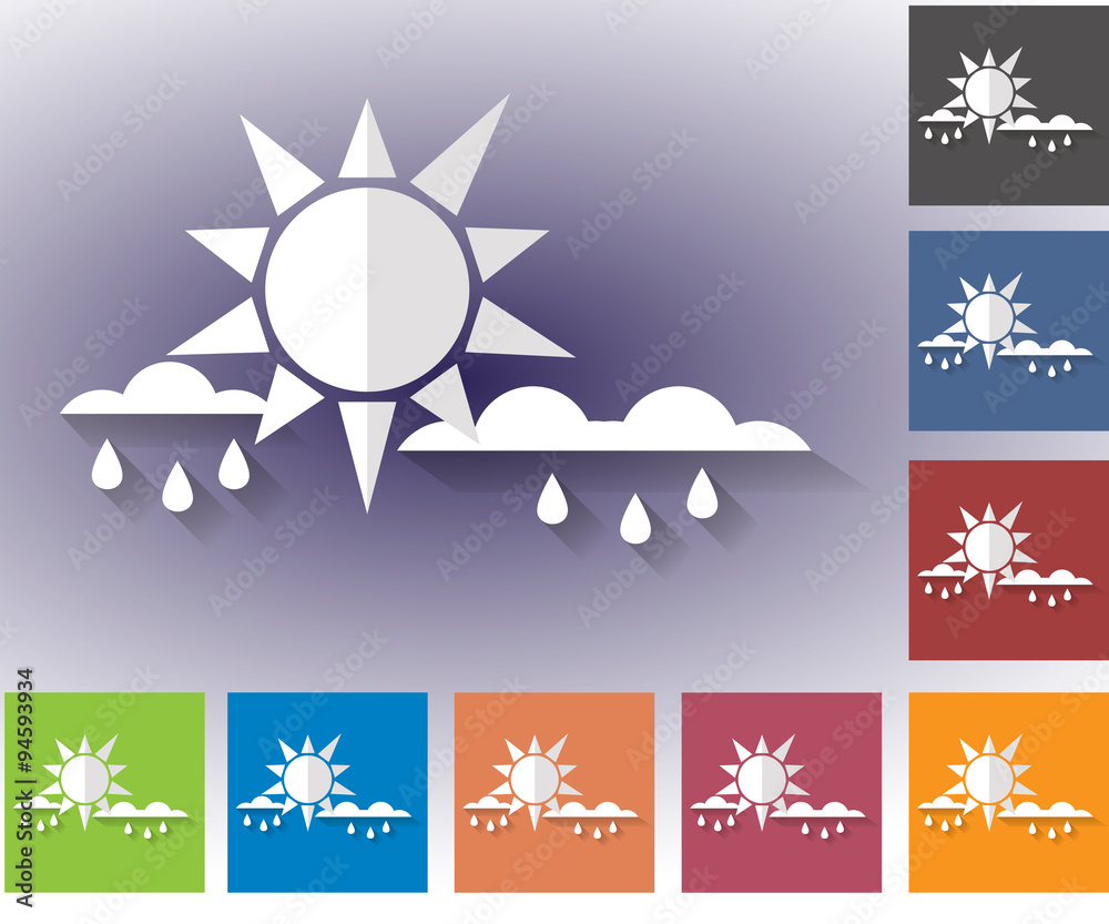 Weather set of icons in a flat style. Rain. Sun with clouds and rain ...