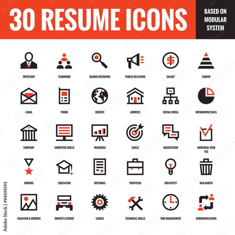 30 resume creative vector icons based on modular system. Set of 30 ...