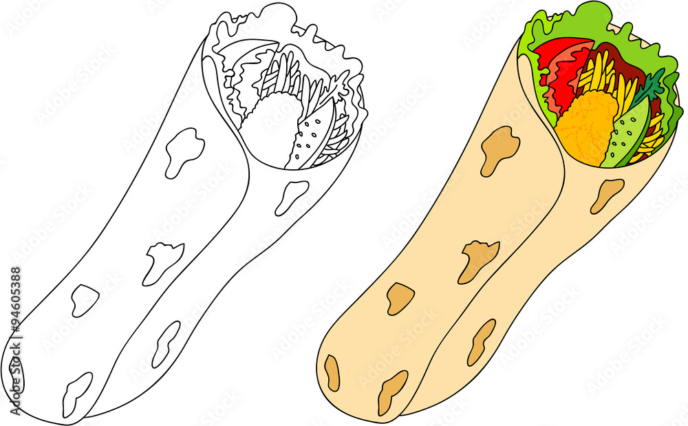 Shawarma with meat, tomato, onion, salad, pita. Coloring book fo Stock ...