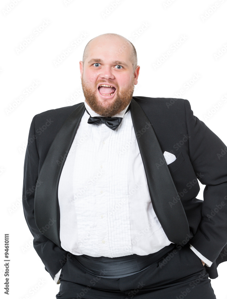 Jolly Fat Man in Tuxedo and Bow tie Shows Emotions Stock Photo | Adobe ...