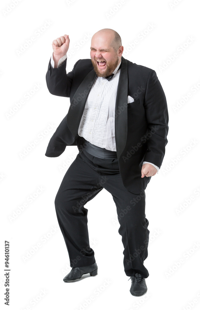 Jolly Fat Man in Tuxedo and Bow tie Shows Emotions Stock Photo | Adobe ...