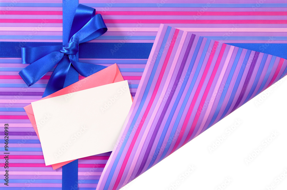 Christmas or birthday card on purple stripe gift wrapping paper ...