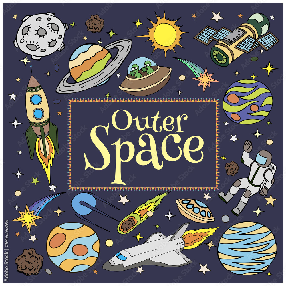 Outer Space doodles, symbols and design elements. Cartoon space icons ...