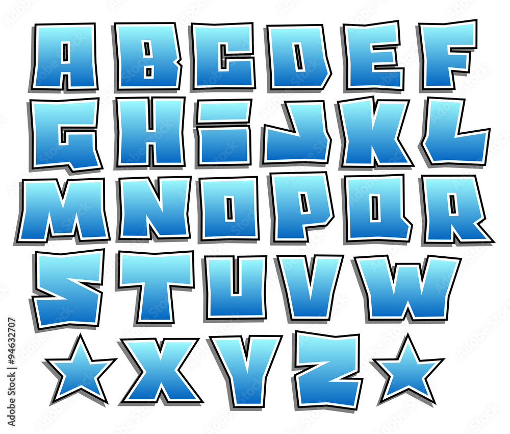 blue gradient graffiti fonts alphabet with shadow on white Stock Vector ...