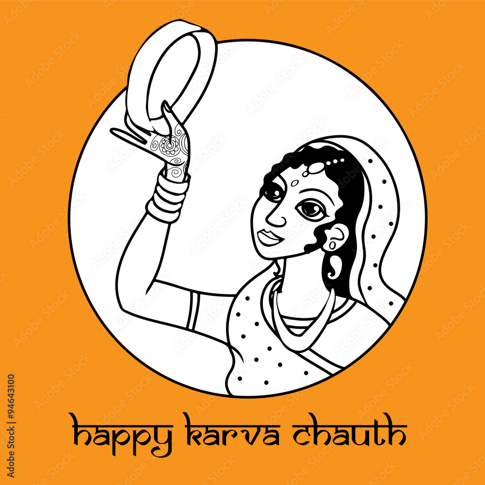 Cartoon vector greeting card Happy Karva Chauth. Woman in red sari with ...