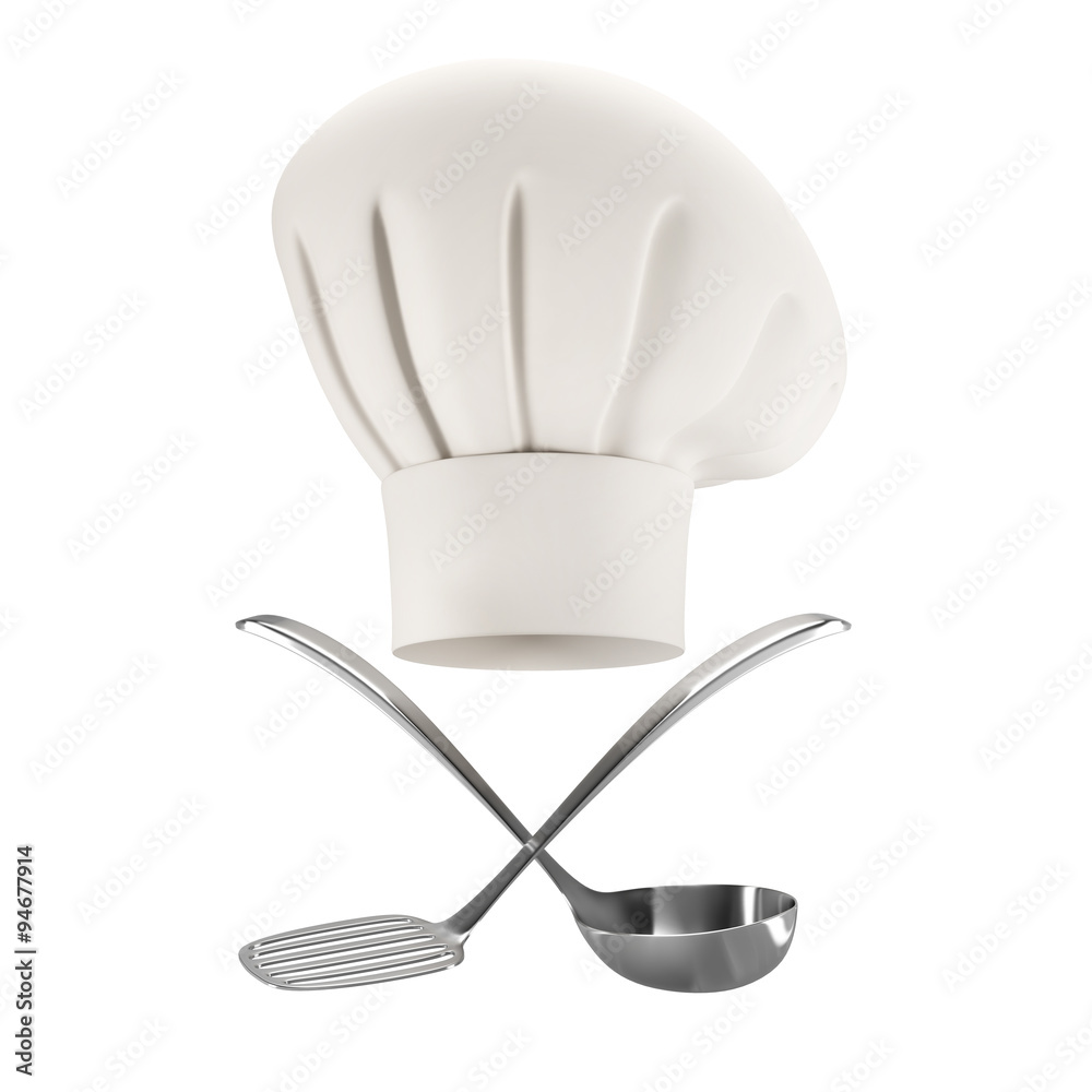 white chef hat with soup ladle and spatula isolated on white background ...