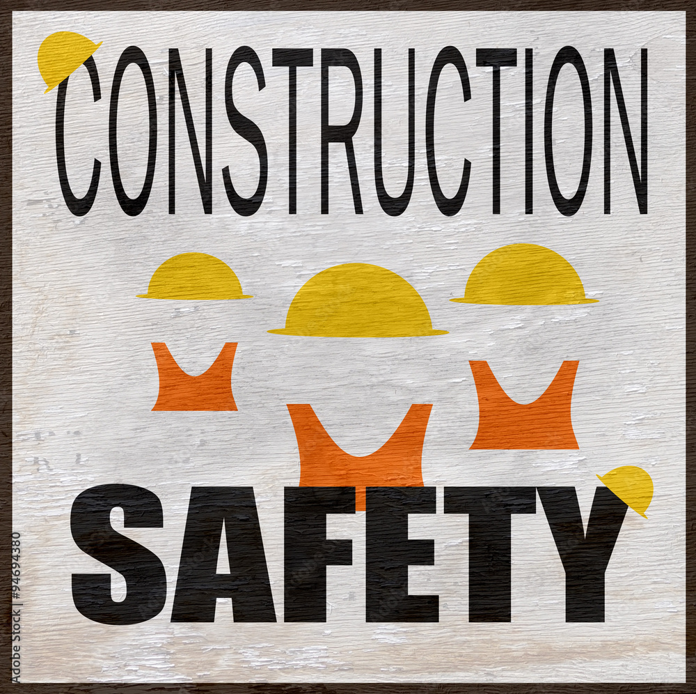 construction safety design with hard hats and vests on wood grain ...