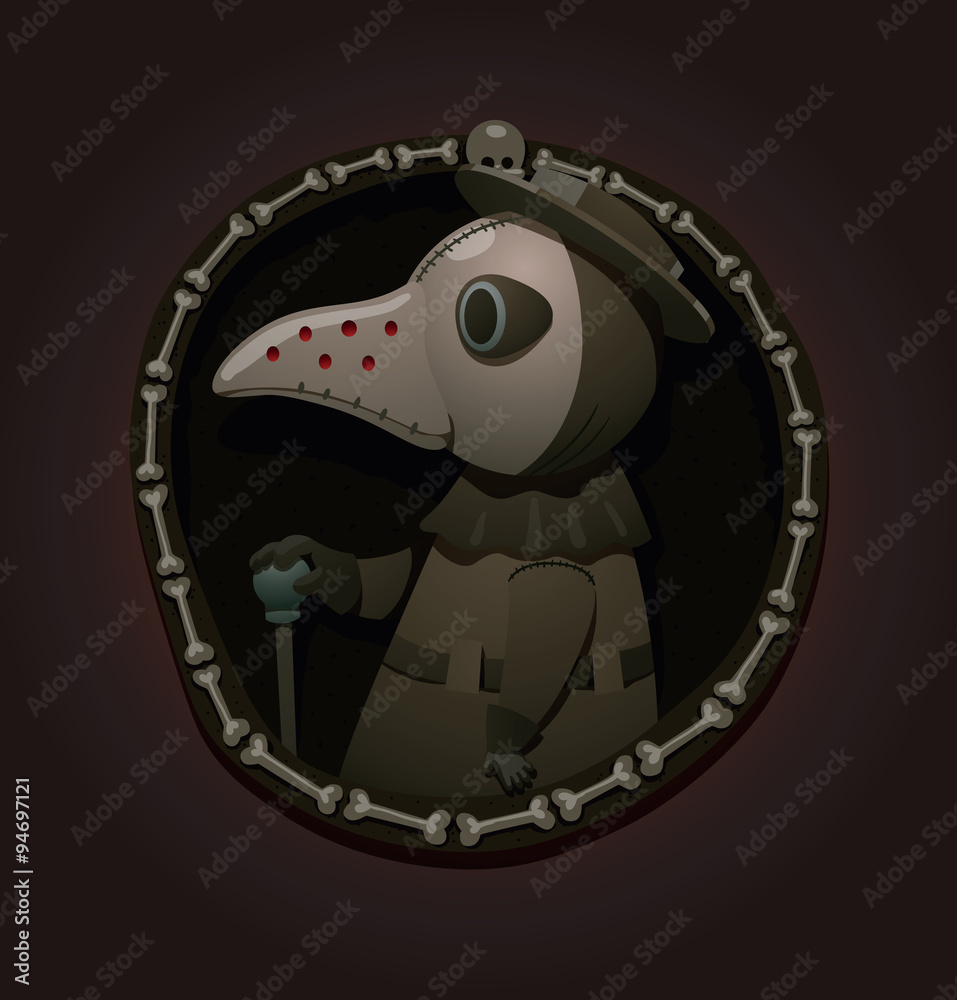 Vector cartoon image of a round label with plague doctor in a cloak, a ...