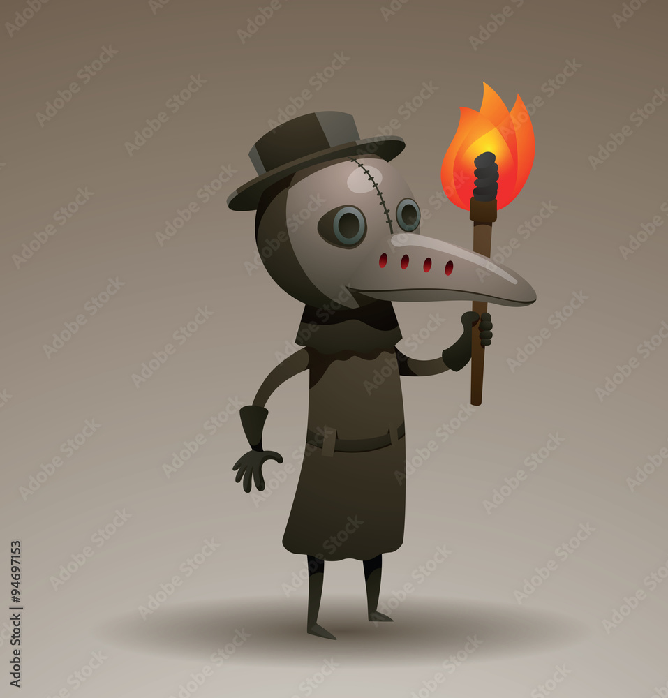 Vector cartoon image of a plague doctor in a cloak, a hat and a plague ...