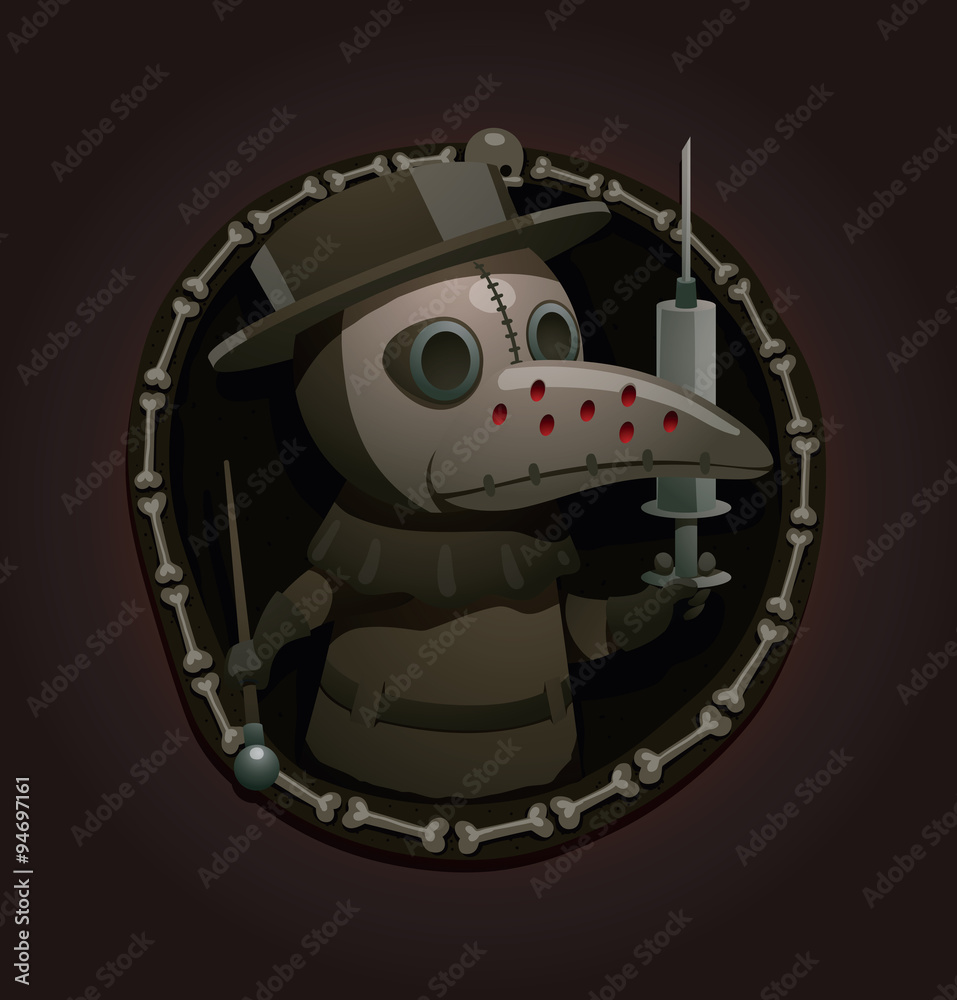 Vector cartoon image of a round label with plague doctor in a cloak, a ...