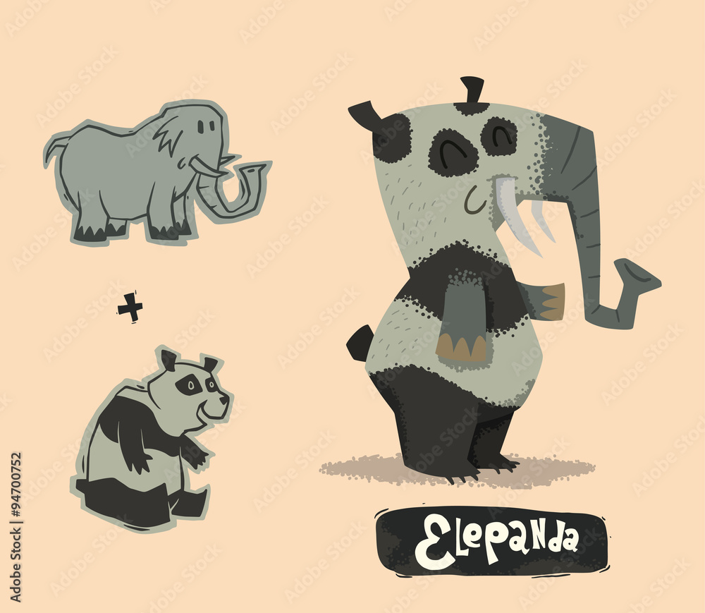 Vector Funny Mutant Hybrid, Elephant plus Panda. Cartoon image of a ...
