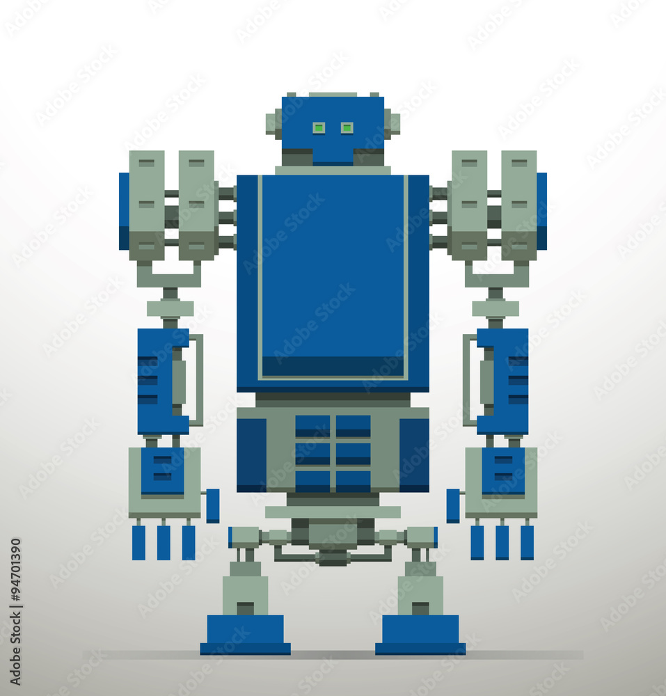 Vector Pixel Robot, blue. Cartoon image of a funny blue robot is drawn ...