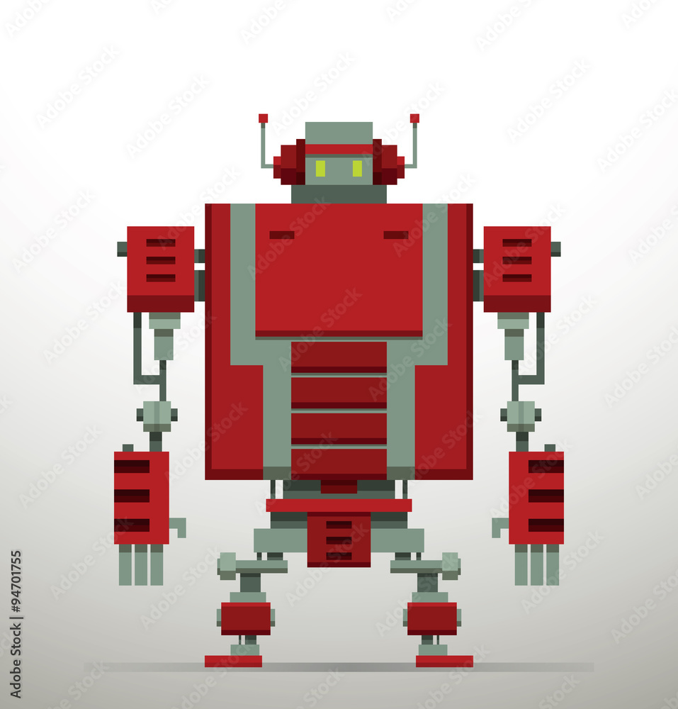 Vector Pixel Robot, red. Cartoon image of a funny red robot is drawn in ...