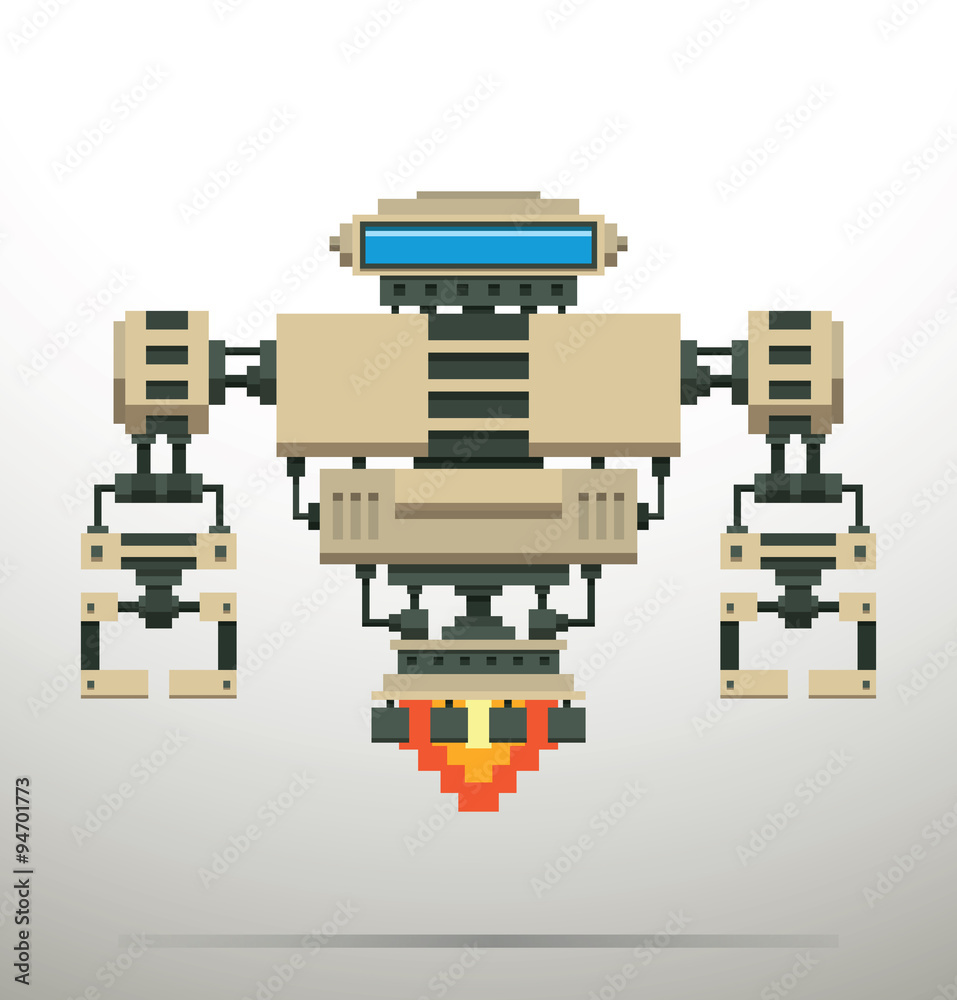 Vector Pixel Robot, white. Cartoon image of a funny white robot is ...