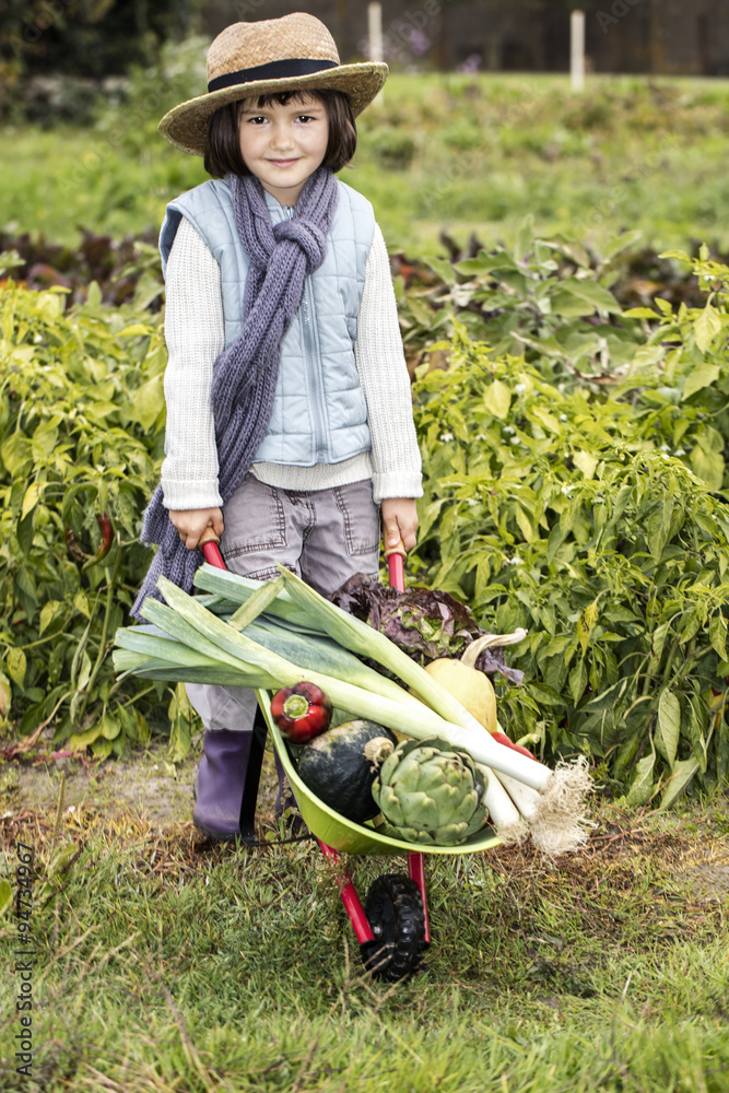kid gardening concept - happy 4-year old child enjoying pushing a small wheelbarrow full of ...