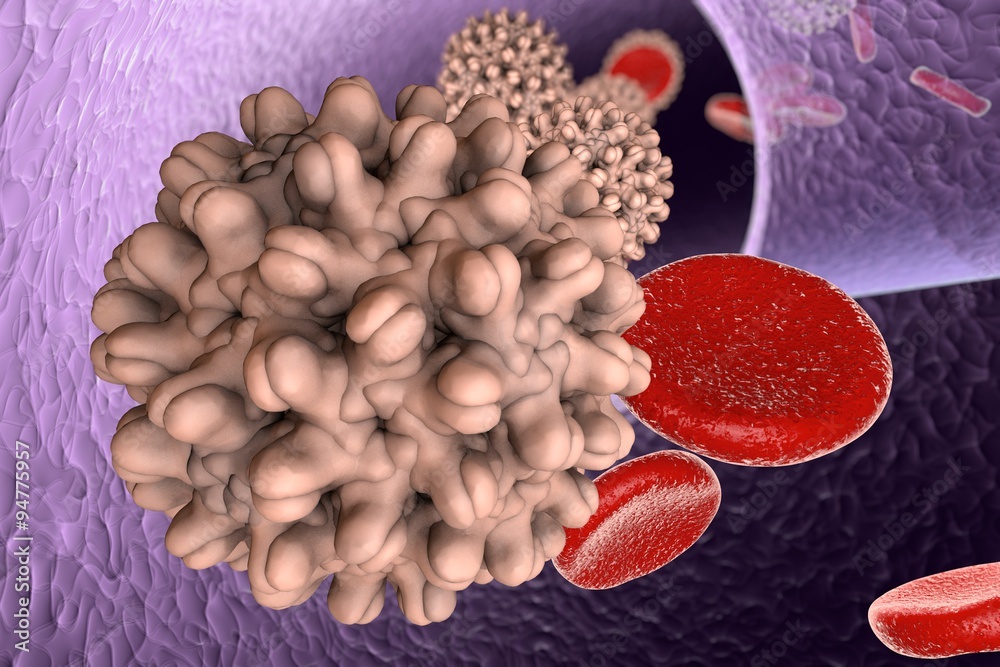 Hepatitis B virus in blood vessel with red blood cells. A model of ...
