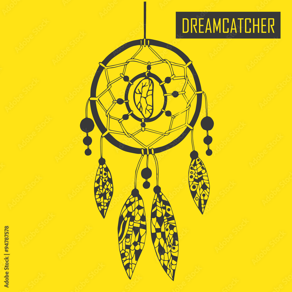 Hand-drawn with ink dreamcatcher with feathers. Ethnic illustration ...