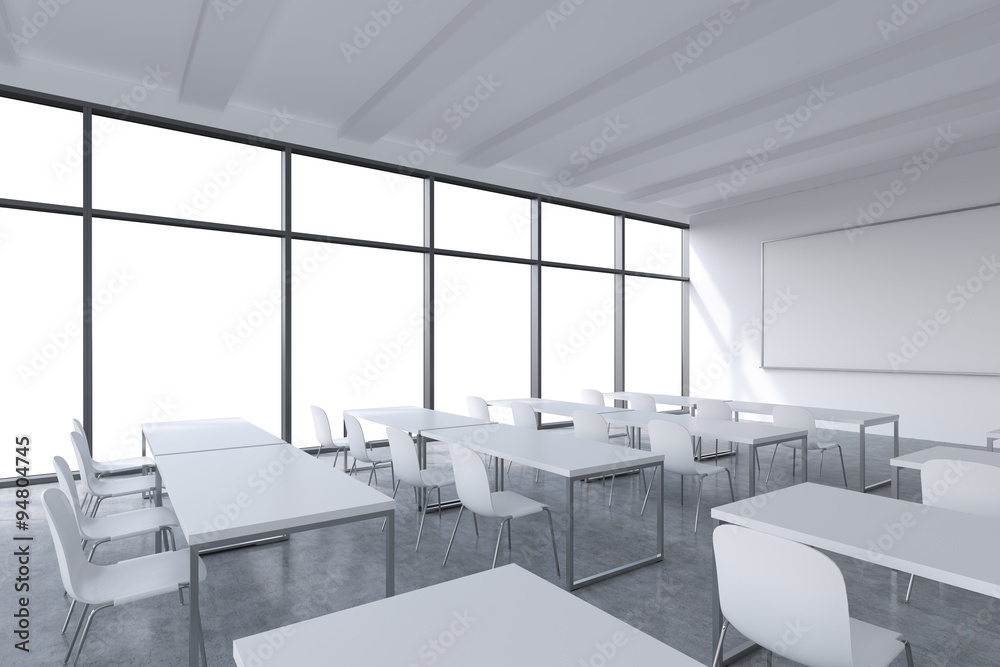 A modern panoramic classroom with white copy space in the windows ...