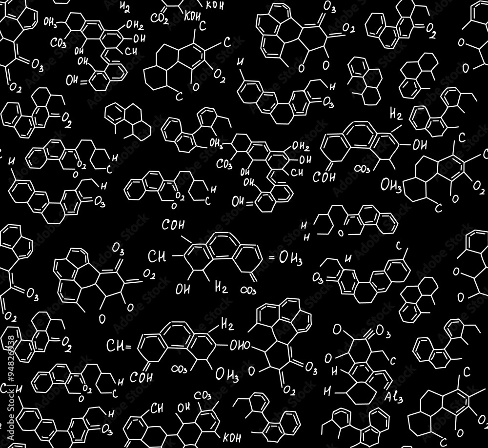 Chemistry vector seamless texture with formulas of chemical ...