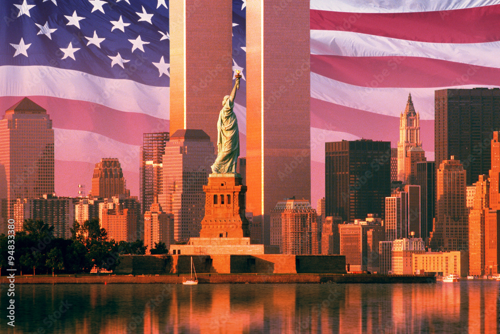 Digital composite: New York skyline, American flag, World Trade Center ...