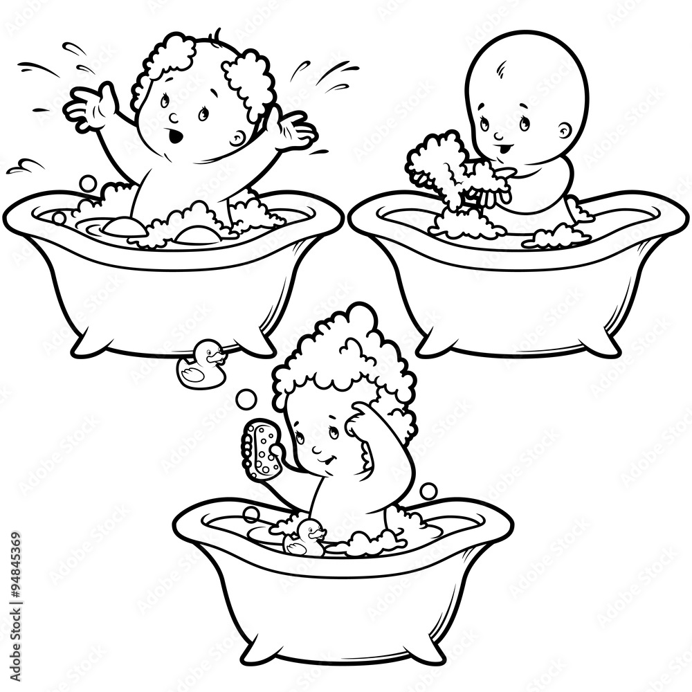Baby bathing in bath with foam and rubber duck. Stock Vector | Adobe Stock