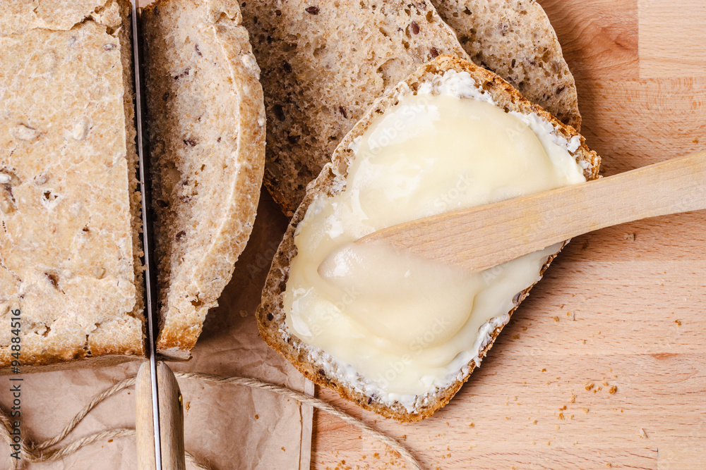Still life fresh bread with butter and honey Stock Photo | Adobe Stock