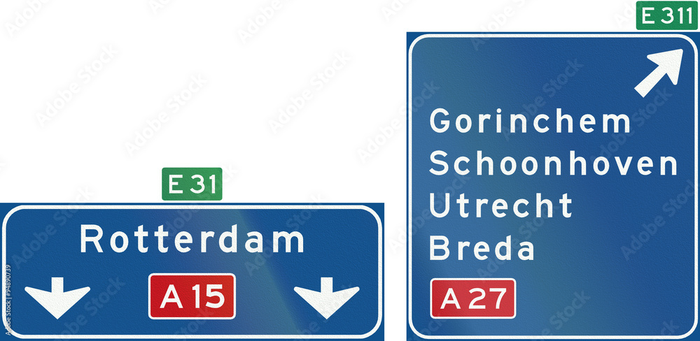 Netherlands road sign K4: High level motorway information sign showing ...