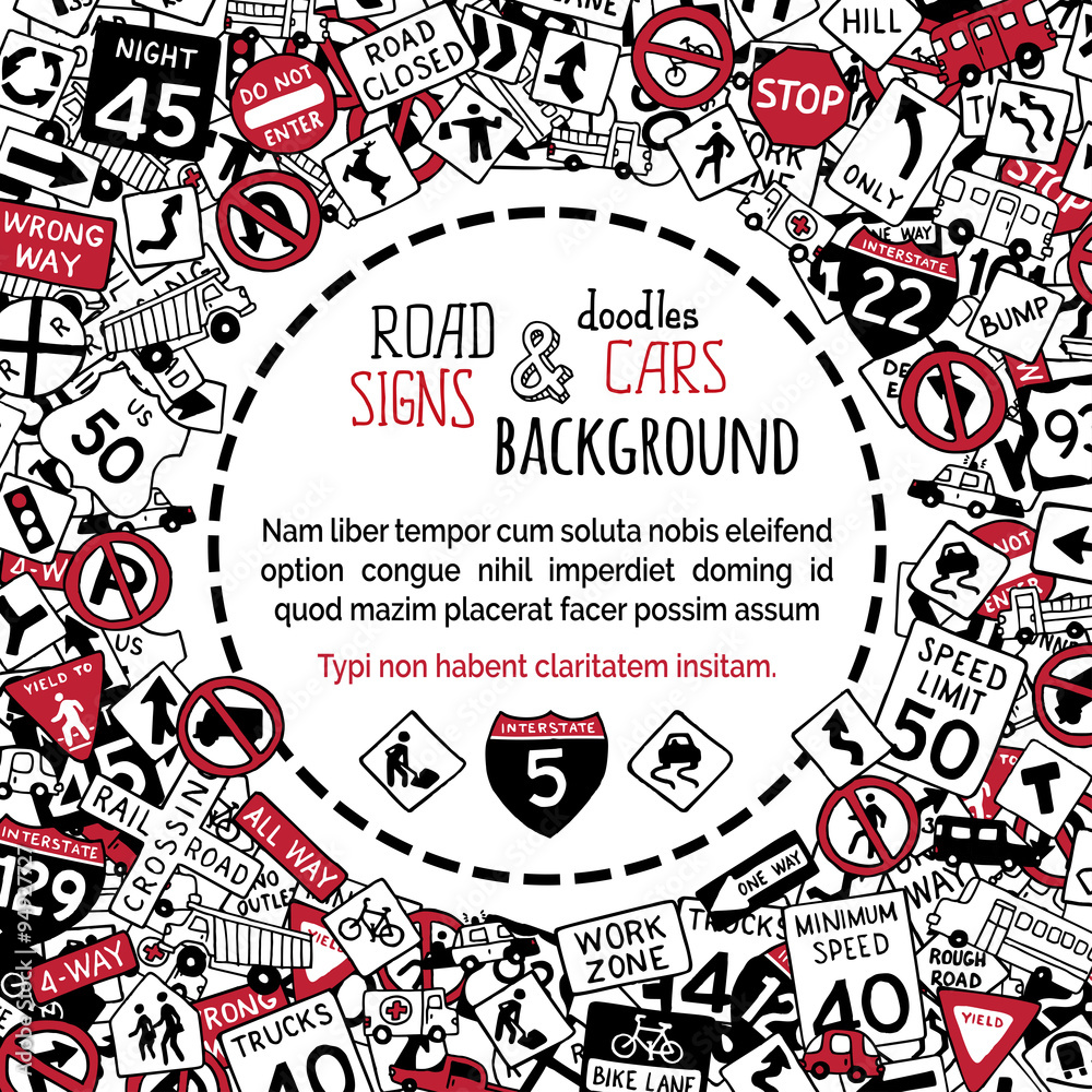 Vector background of doodles traffic signs and cars. Stock Vector ...