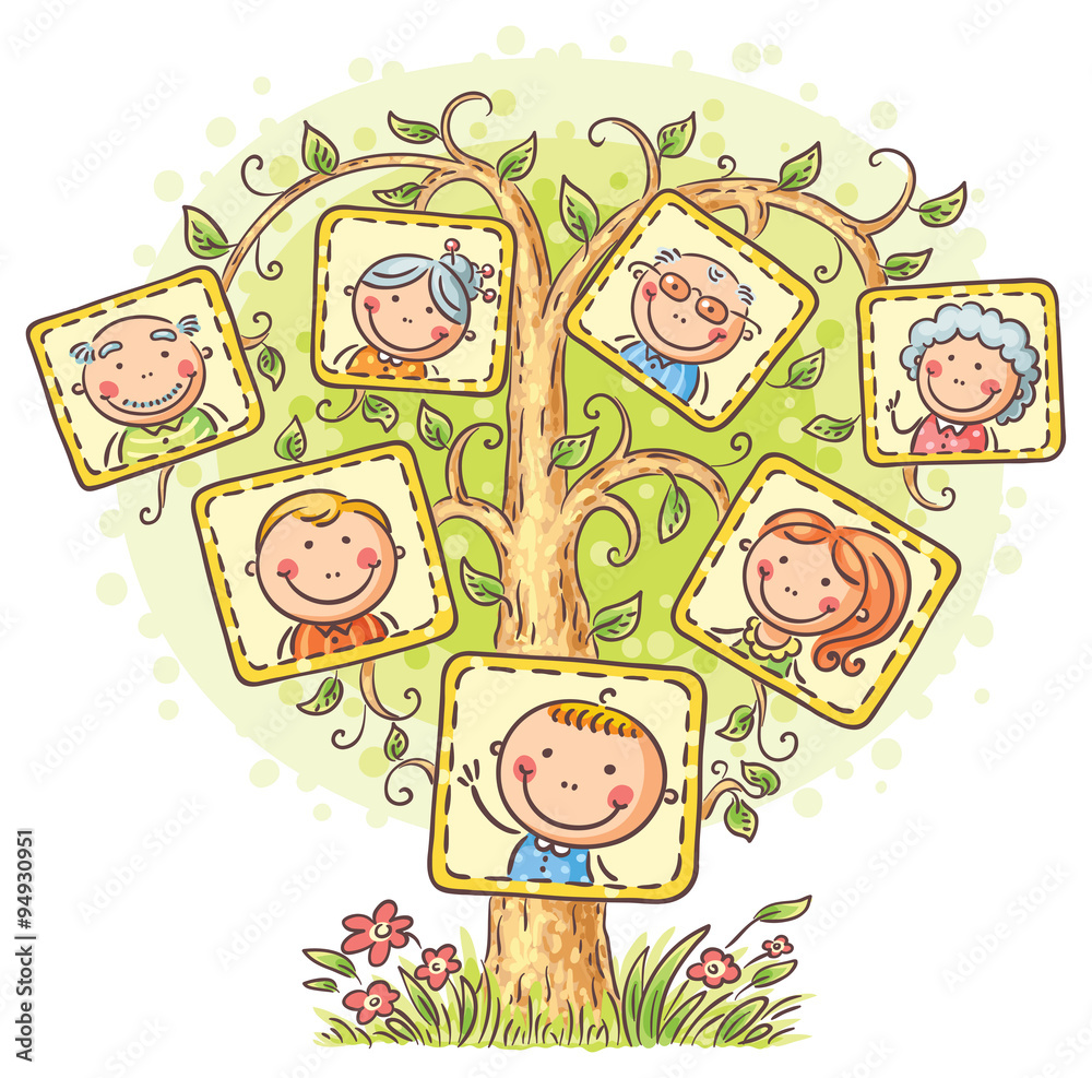 Family tree in pictures, little child with his parents and grandparents ...