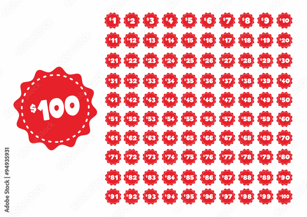 $1 to $100 Price set and labels Stock Vector | Adobe Stock