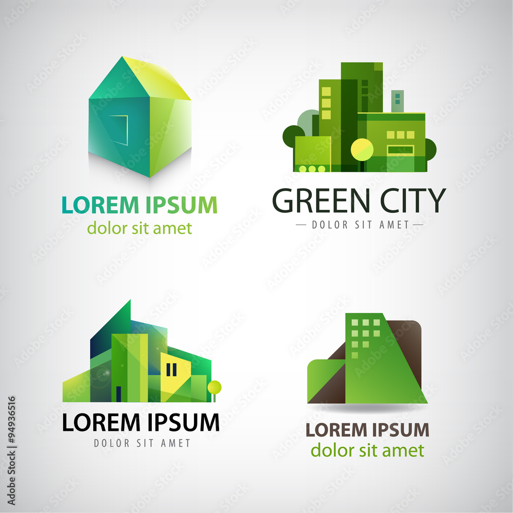 Vector set of green building icons, logos. Eco city, houses concept ...