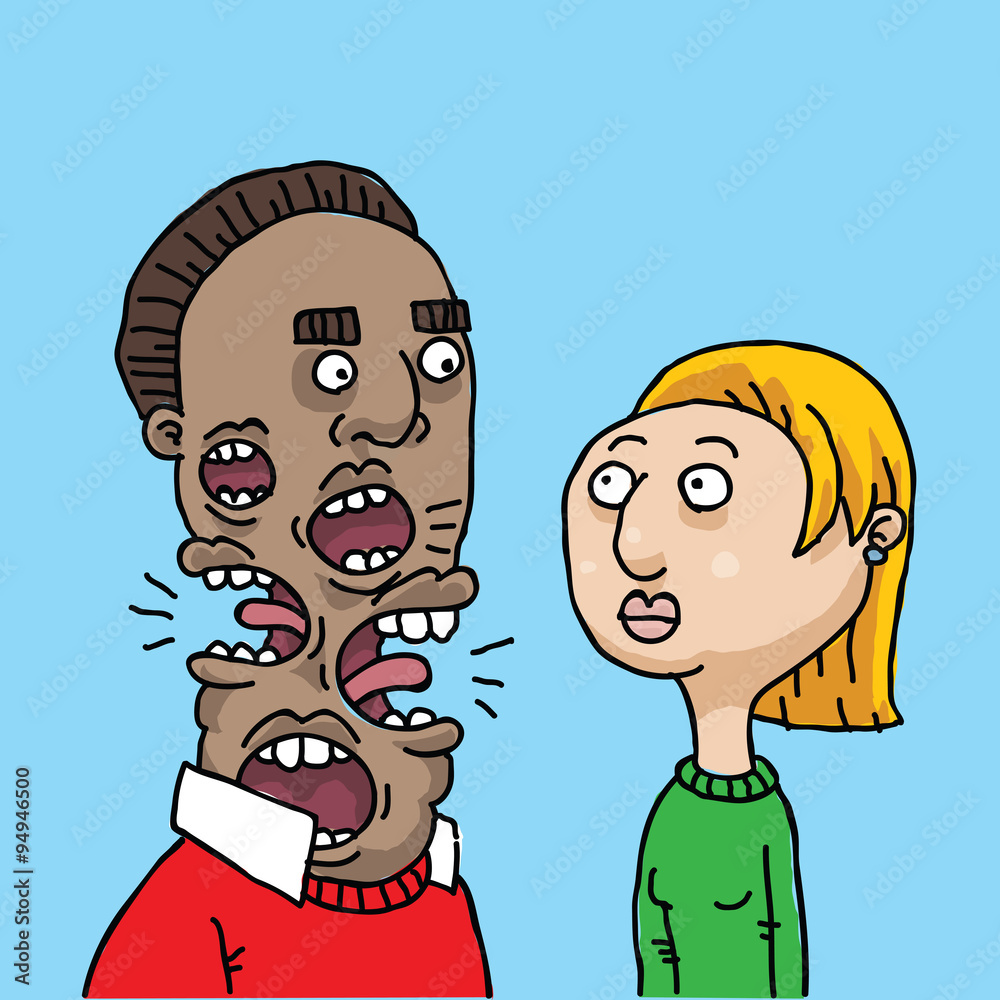 A cartoon man with many mouths talks at a woman who tries to listen ...