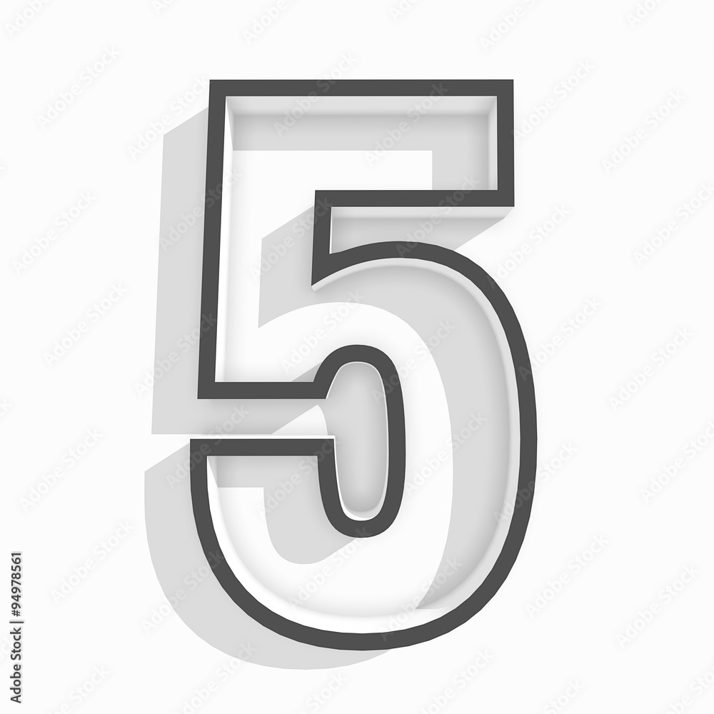 Wall mural white isolated number 5 five in white background with shadow ...