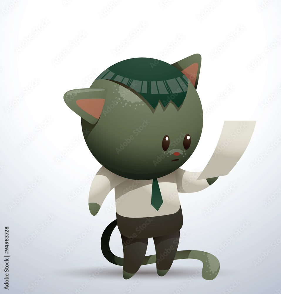 Vector Cat in office, reading a letter. Cartoon image of a gray cat in ...