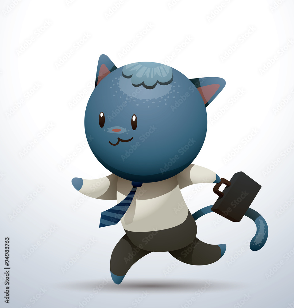 Vector Cat in office, with a briefcase. Cartoon image of a blue cat in ...